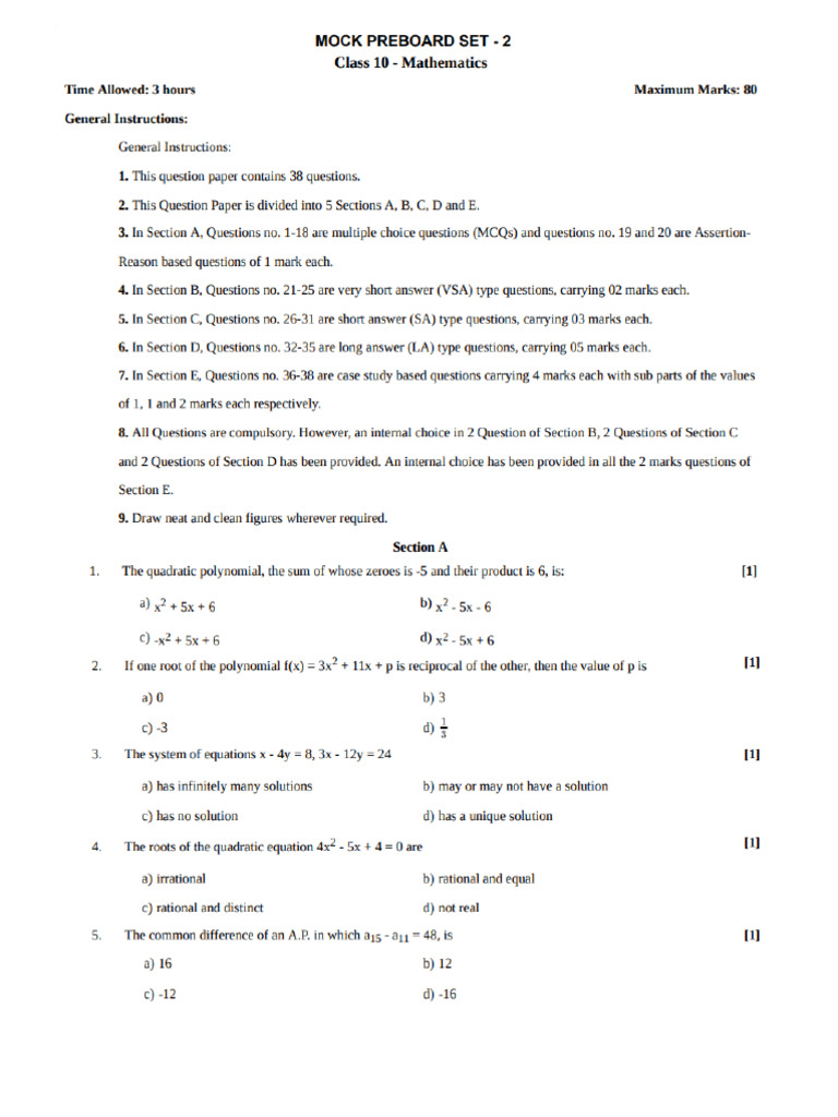 Mock Pre Board Set 2 | PDF