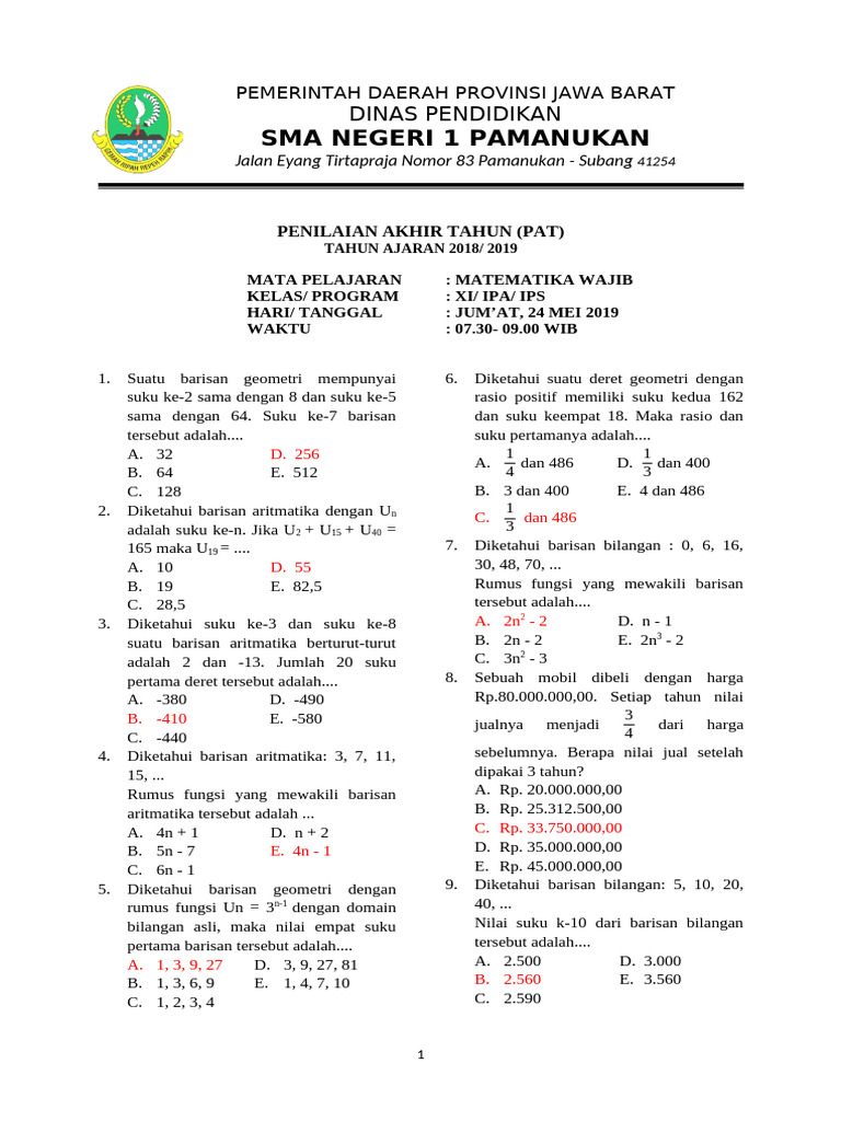 Soal Dan Jawaban Pat Matematika (Wajib) Kelas Xi | PDF