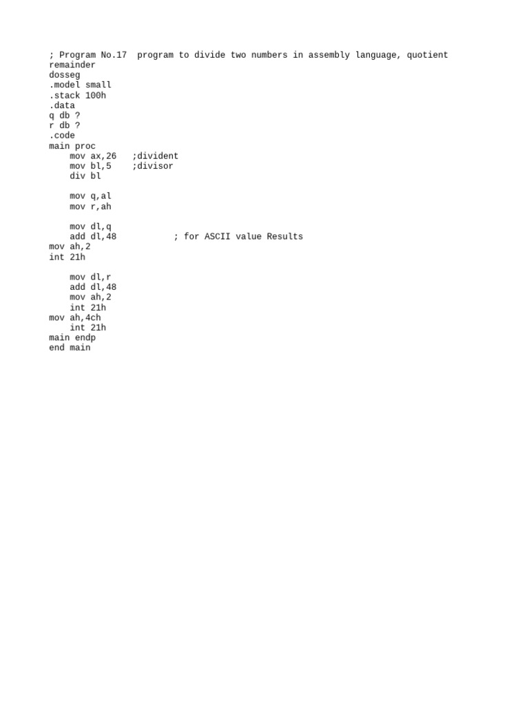 Program No.17 Program to Divide Two Numbers in Assembly Language, Quotient Remainder | PDF