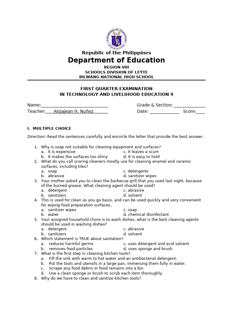 Tle 9 First Quarter Test Questionnaire | PDF | Disinfectant | Hors D'oeuvre