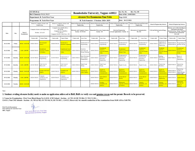 Absentee Test Time Table B. Tech Sem-I 24-25 4-12-24 (Student) | PDF ...