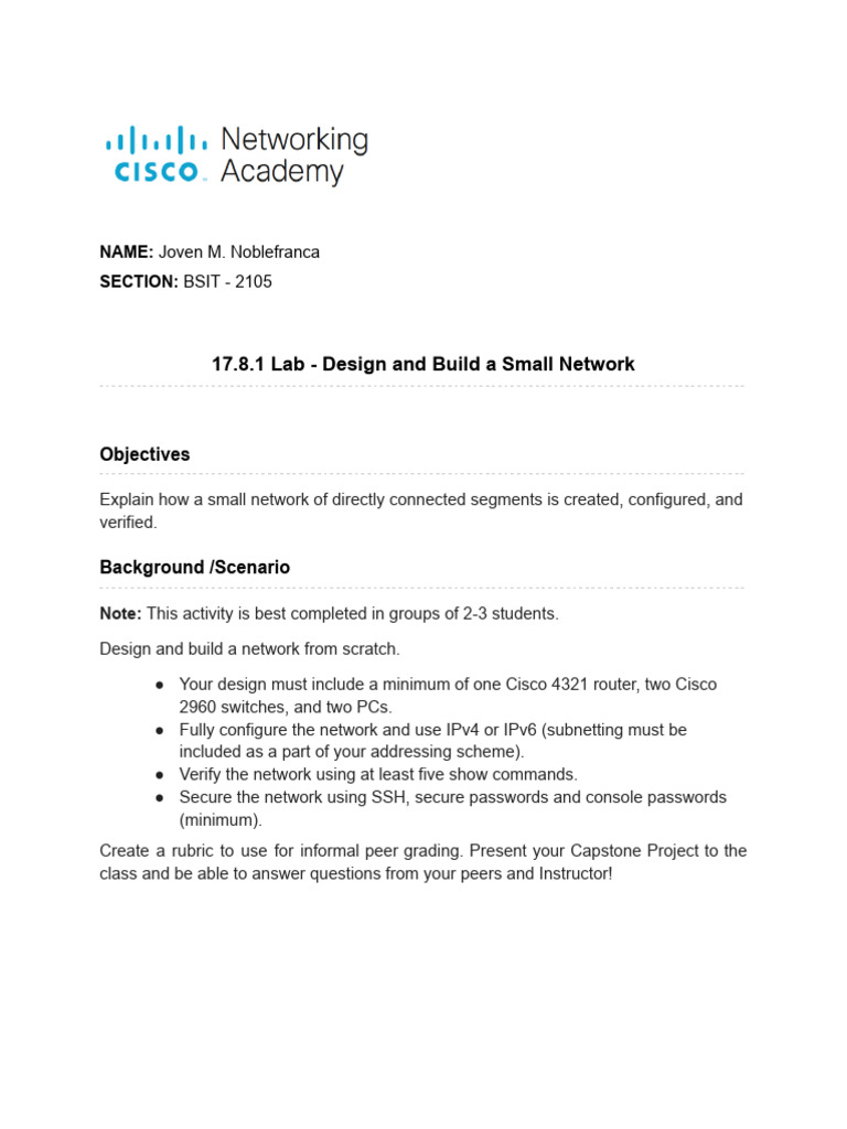 17.8.1 Lab - Design and Build a Small Network | PDF | Computer Network | Network Layer Protocols