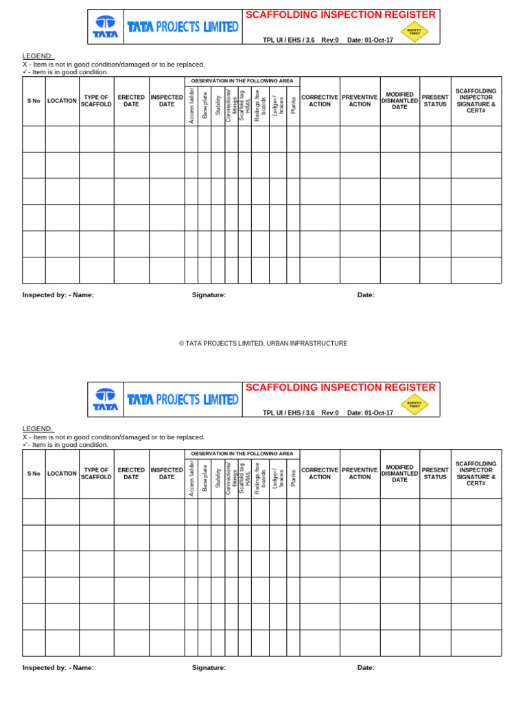Scaffold Inspection Register | PDF | Scaffolding | Manufactured Goods