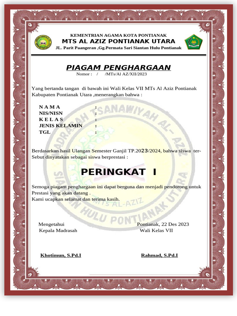 Piagam Penghargaan Siswa Berprestasi | PDF