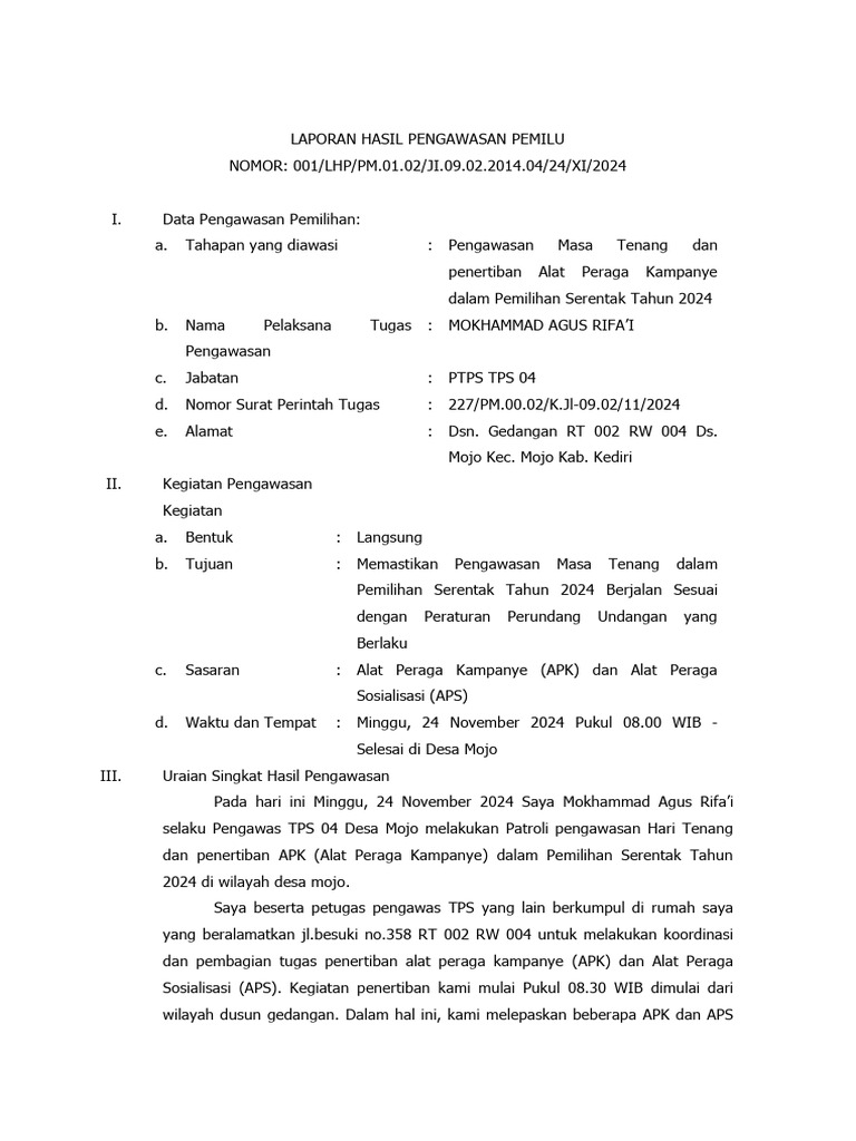 Contoh Laporan Form A Pengawasan Pilkada 2024 | PDF