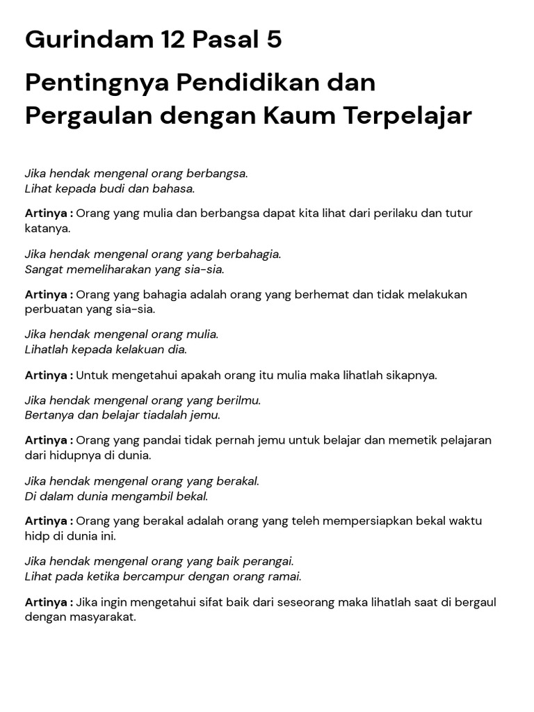 Gurindam 12 Pasal 5, Pentingnya Pendidikan Dan Pergaulan Dengan Kaum ...
