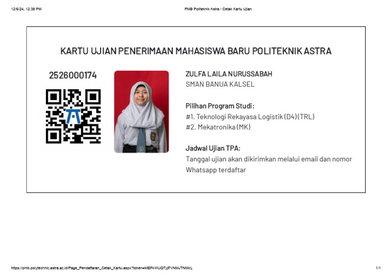 PMB Politeknik Astra - Cetak Kartu Ujian | PDF