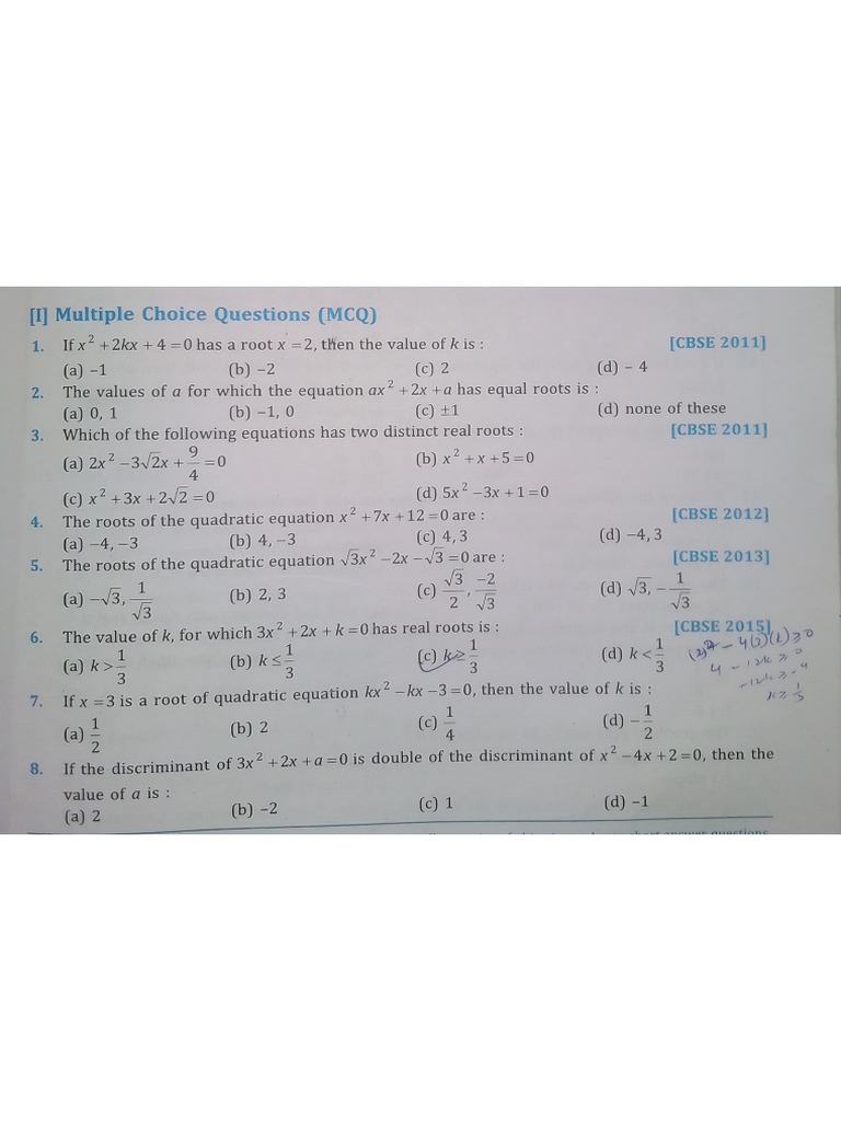 Self Assessment - Quadratic Equations (X) | PDF