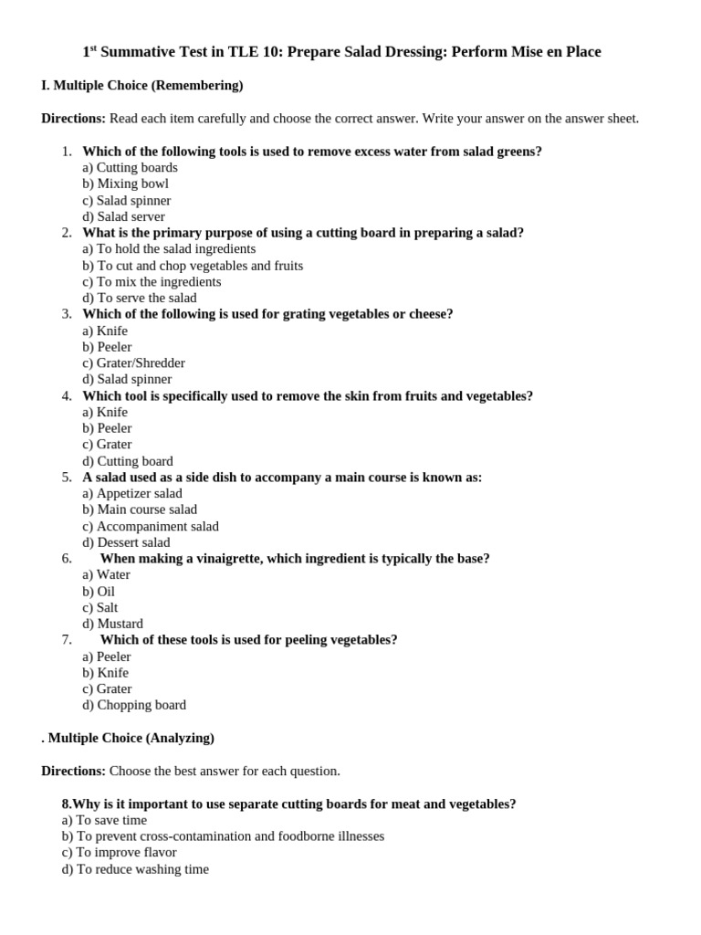 Q2 1st Summative Test In Tle 10 2024 Pdf Salad Tableware
