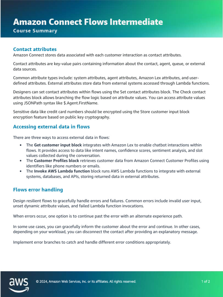 Amazon Connect Flows Intermediate Course Summary | PDF | Anonymous Function | Databases