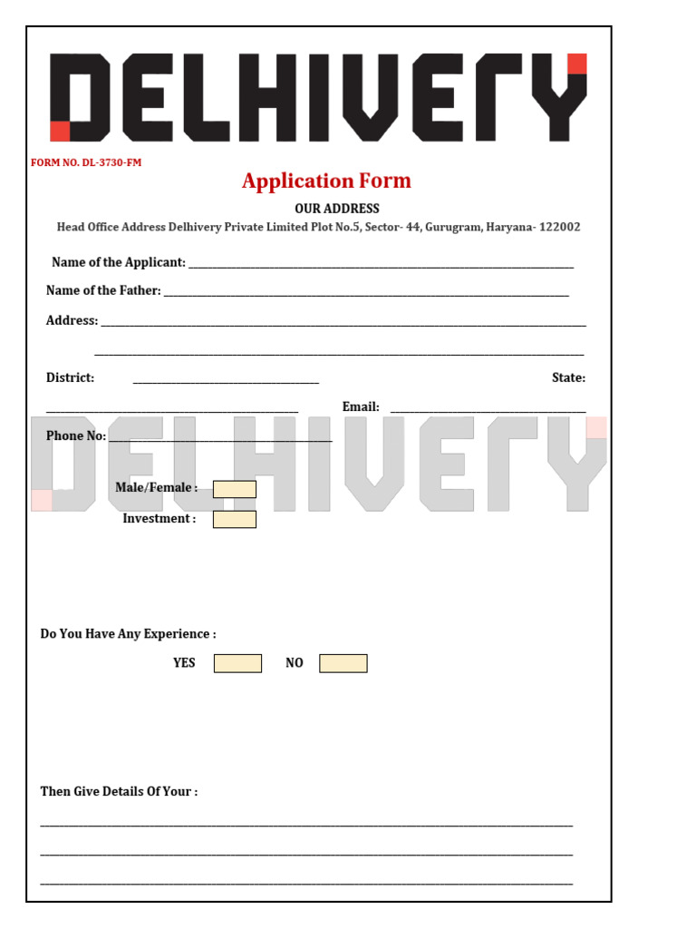 Delhivery Application Form DL-3730 | PDF