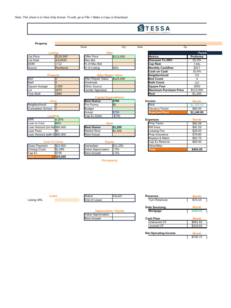 Property Analysis Spreadsheet (View Only - Make A Copy To Edit) | PDF | Expense | Loans