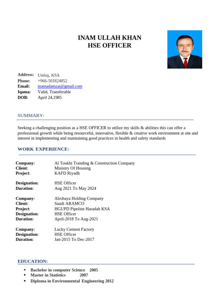HSE Officer Profile: Inam Ullah Khan | PDF | Occupational Safety And ...