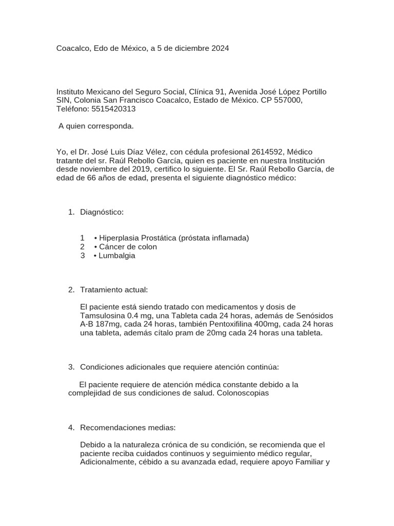 Diagnostico Clinico Del Señor Raul Rebollo Garcia | PDF