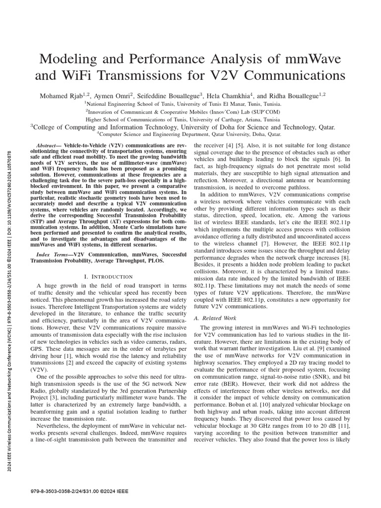 Modeling And Performance Analysis Of Mmwave And Wifi Transmissions For V2v Communications Pdf