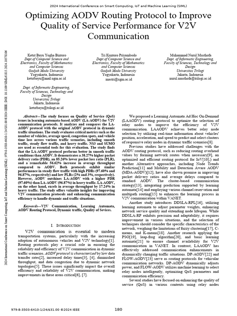 Optimizing AODV Routing Protocol To Improve Quality of Service Performance For V2V Communication ...