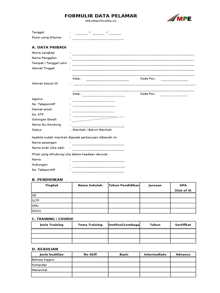 Formulir Data Pelamar | PDF