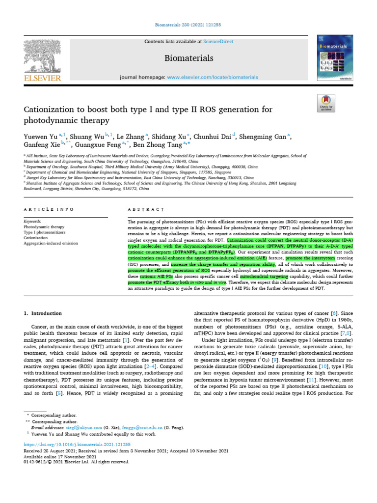 Cationization To Boost Both Type I and Type II ROS Generation For | PDF ...
