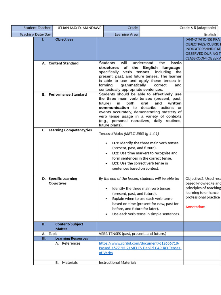 Lesson Plan on Verb Tenses for Grade 8 | PDF | Grammatical Tense | Verb