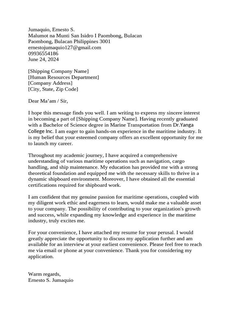 Apprenticeship Application Letter For Cadets | PDF