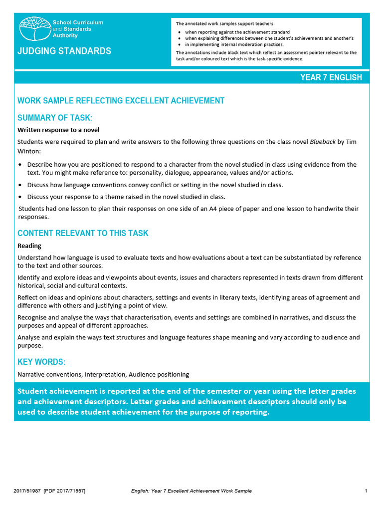 English Year 7 Written Response To A Novel Excellent2 Work Sample | PDF ...