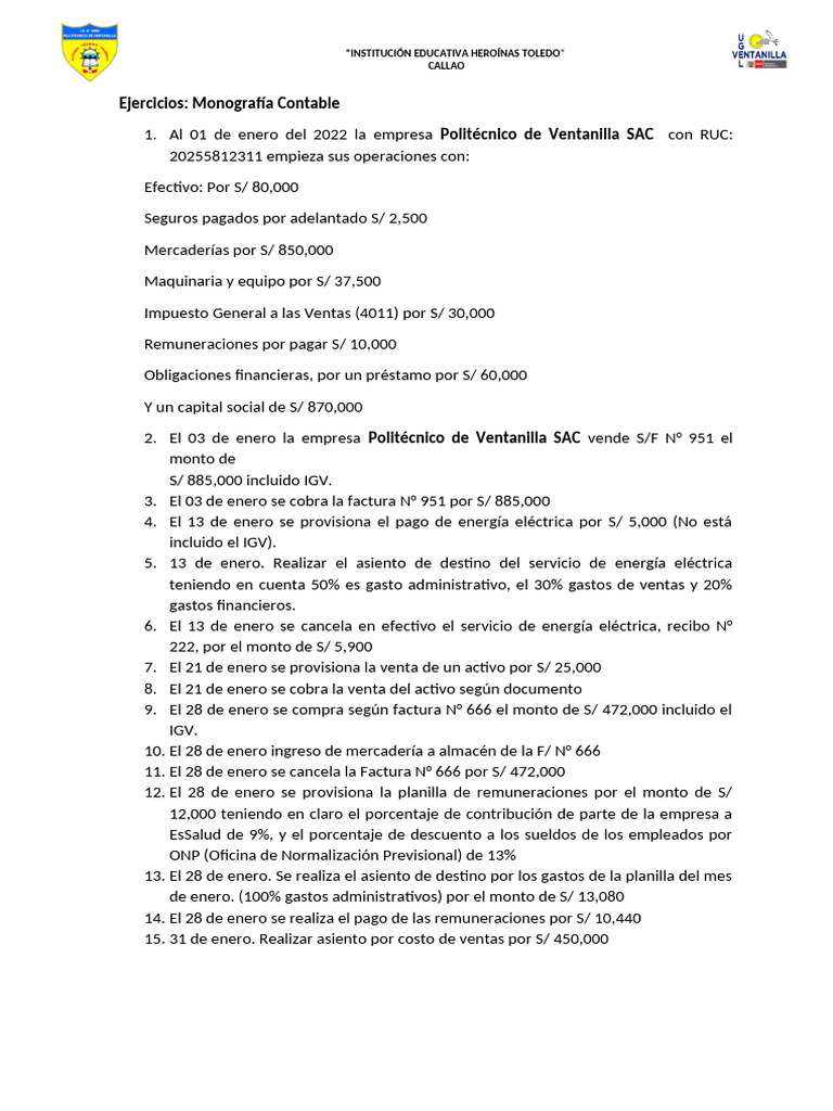 Ejercicios para Registro en Libro Diario - Empresa Politécnico de Ventanilla | PDF
