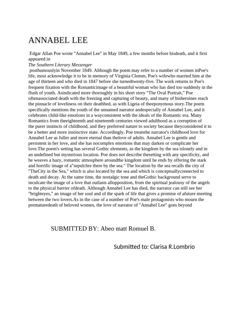ANNABEL LEE | PDF | Edgar Allan Poe
