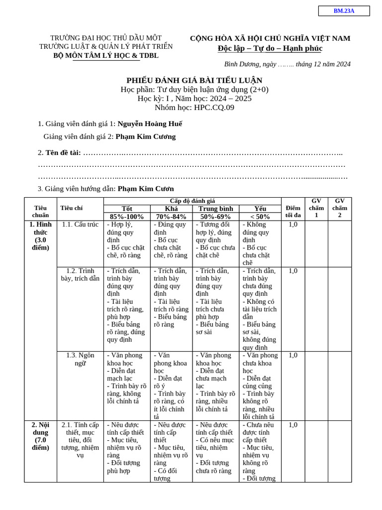 Phiếu chấm Tiểu luận_TDBL HPC.CQ.09 | PDF