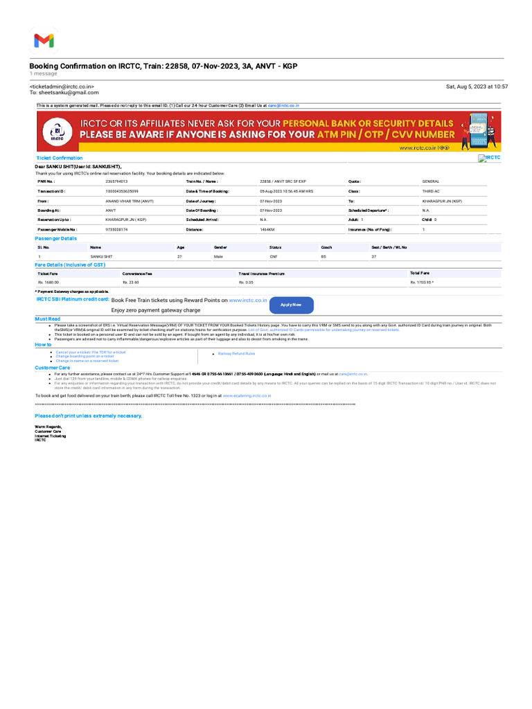 IRCTC Train Booking Confirmation | PDF | Service Industries | Banking ...