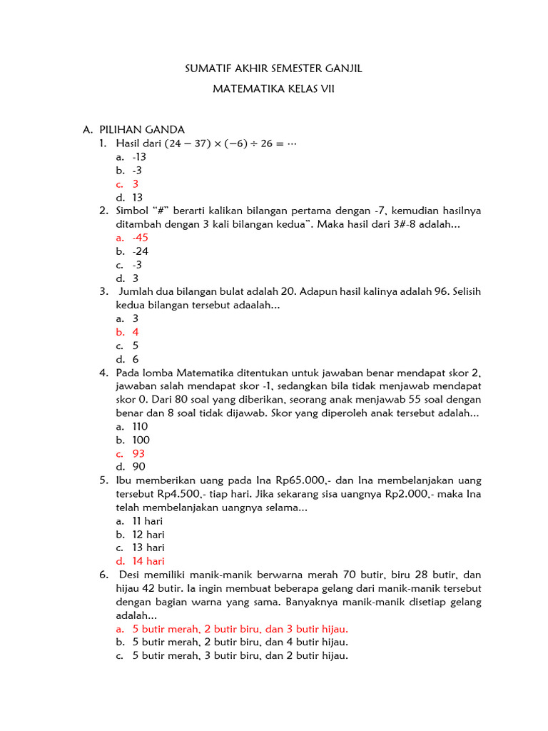 Soal Matematika Kelas VII: Pilihan Ganda dan Uraian | PDF