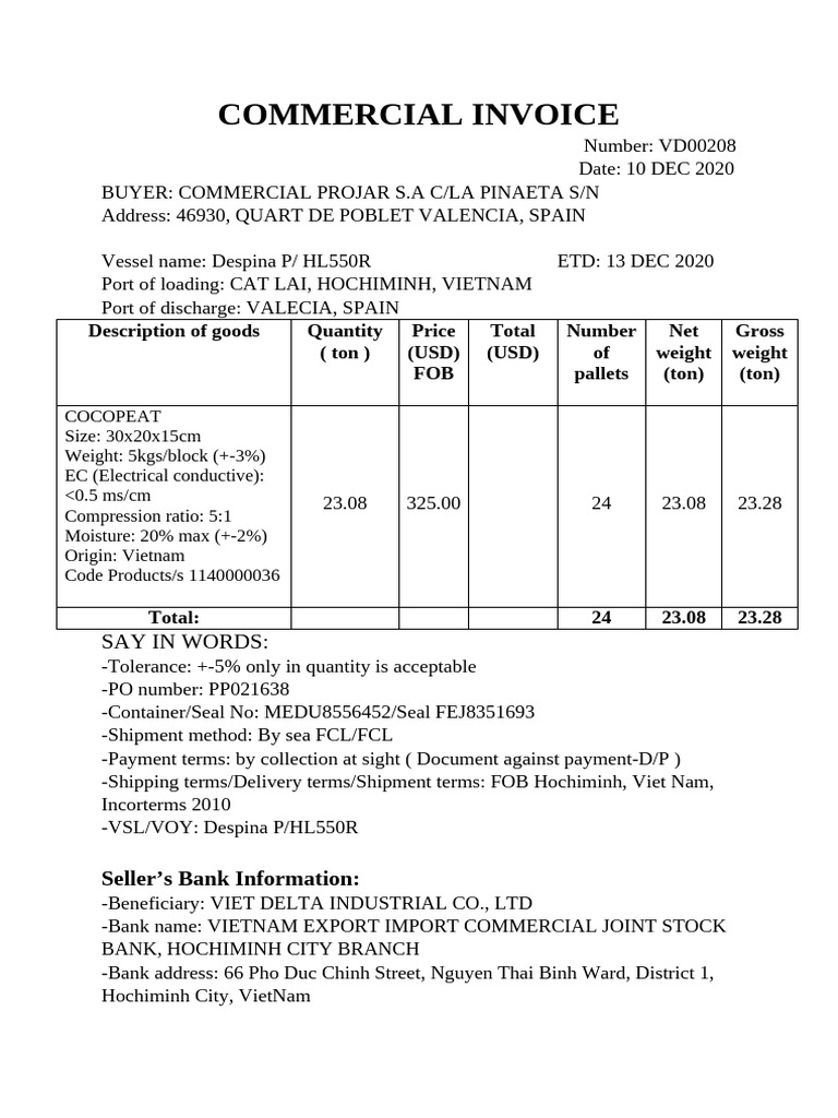 Commercial Invoice for Projar S.A. | PDF