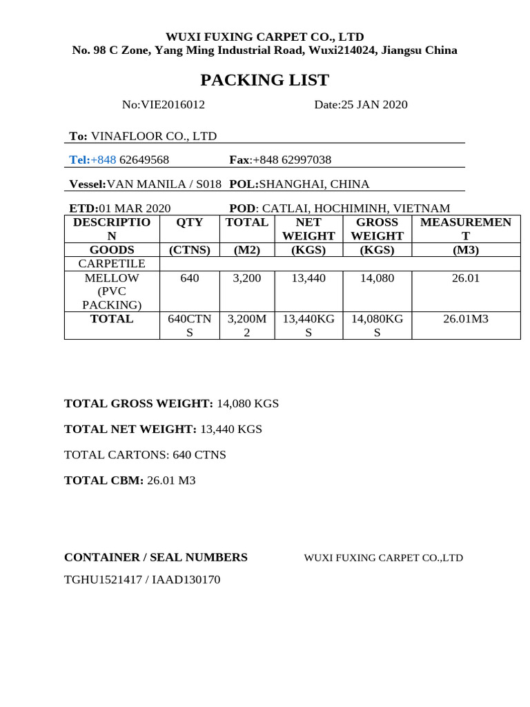 Packing List 2 | PDF
