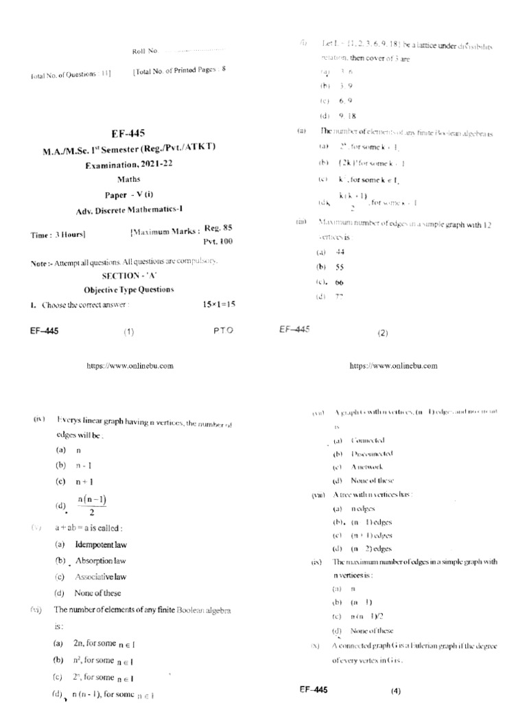 5 Ma MSC 1 Sem Maths Adv Discrete Mathematics 1 Ef 445 2022 | PDF