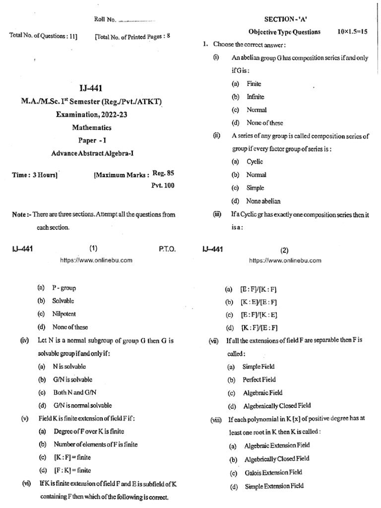 1 Ma MSC 1 S Advance Abstract Algebra 1 Ij 441 2023 | PDF
