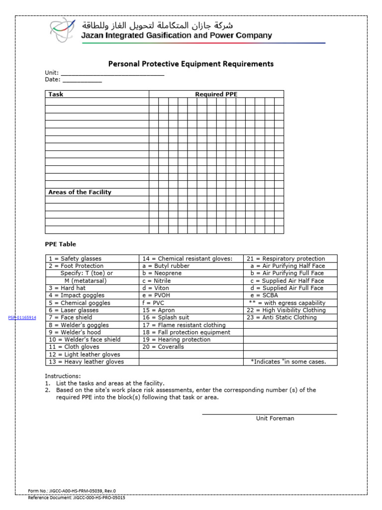 JIGCC-000-HS-FRM-05039_00 - Personal Protective Equipment Requirements ...