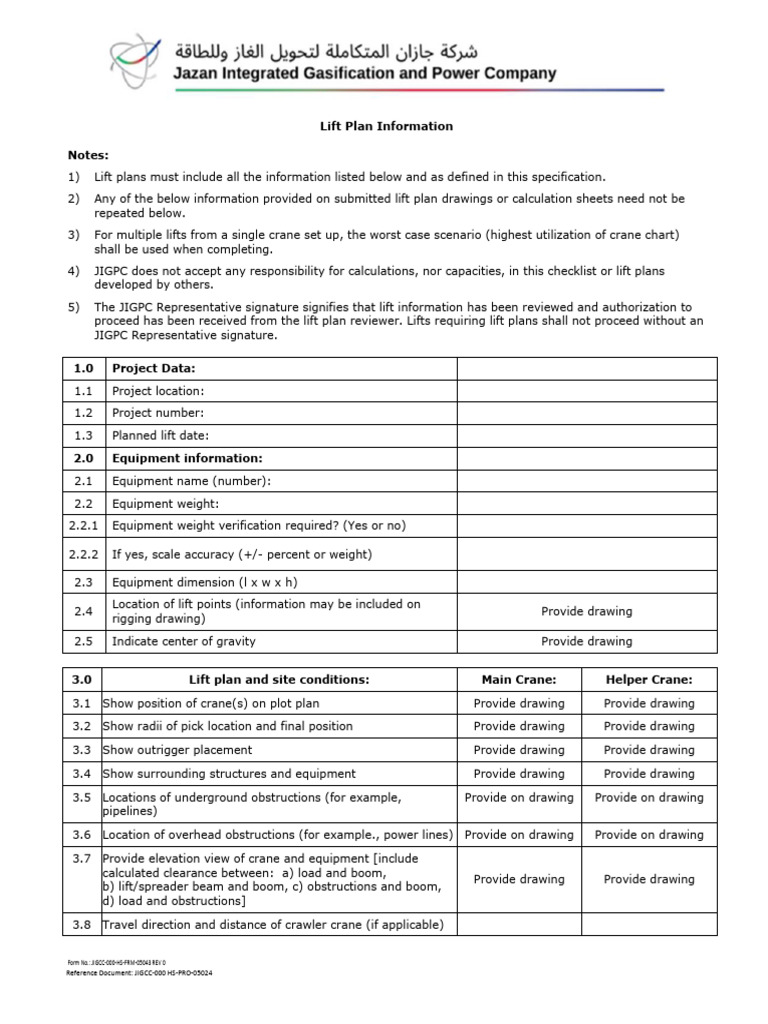 JIGCC-000-HS-FRM-05043-Lift Plan Information - 01 | PDF | Crane (Machine)