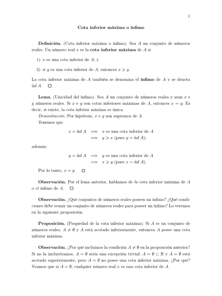 Definición y propiedades del ínfimo | PDF | Conjunto vacio | Análisis ...