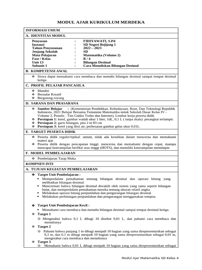 Modul Ajar MTK Unit 13 | PDF