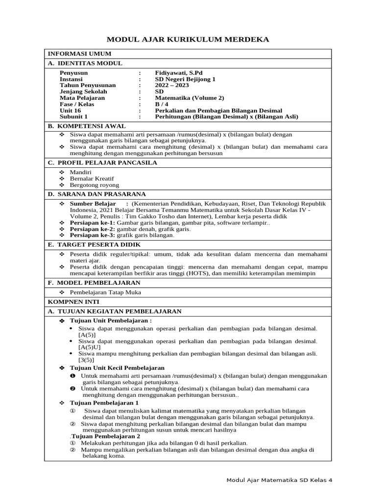 Modul Ajar MTK Unit 16 | PDF