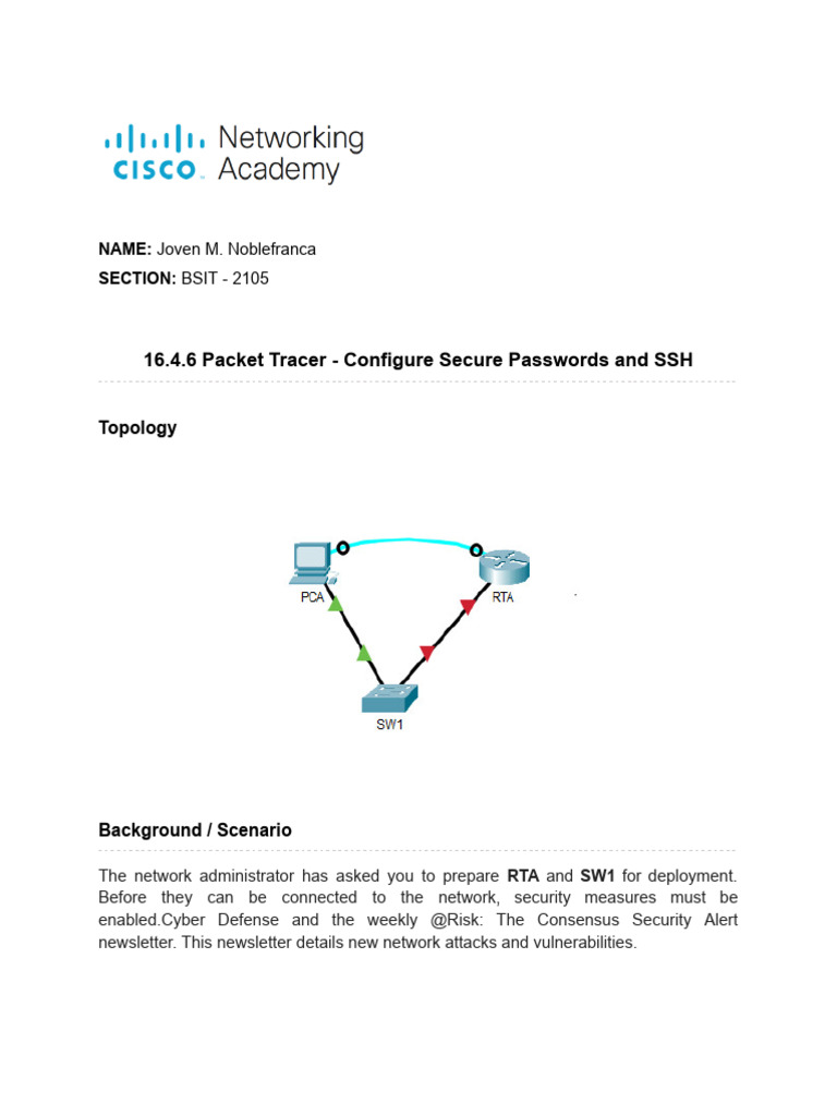 16 4 6 Packet Tracer Configure Secure Passwords And Ssh Pdf
