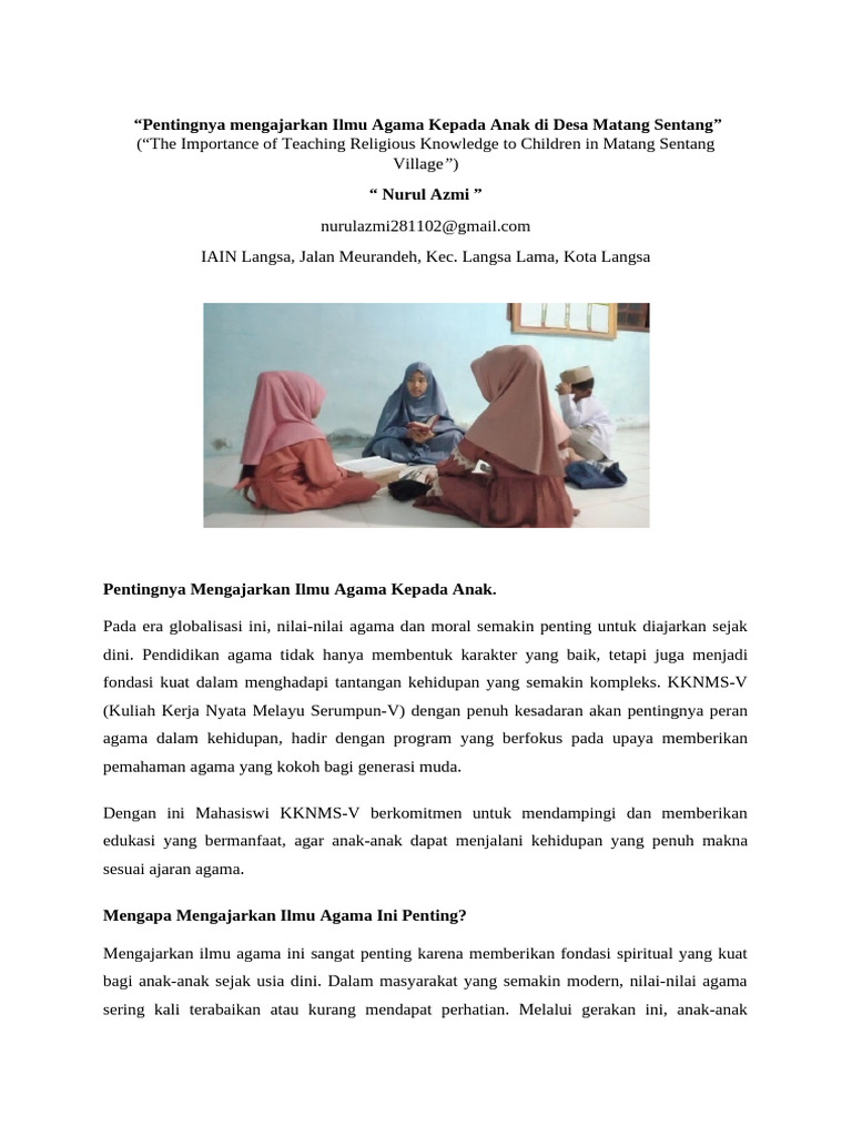 Pentingnya mengajarkan Ilmu Agama Kepada Anak di Desa Matang Sentang | PDF