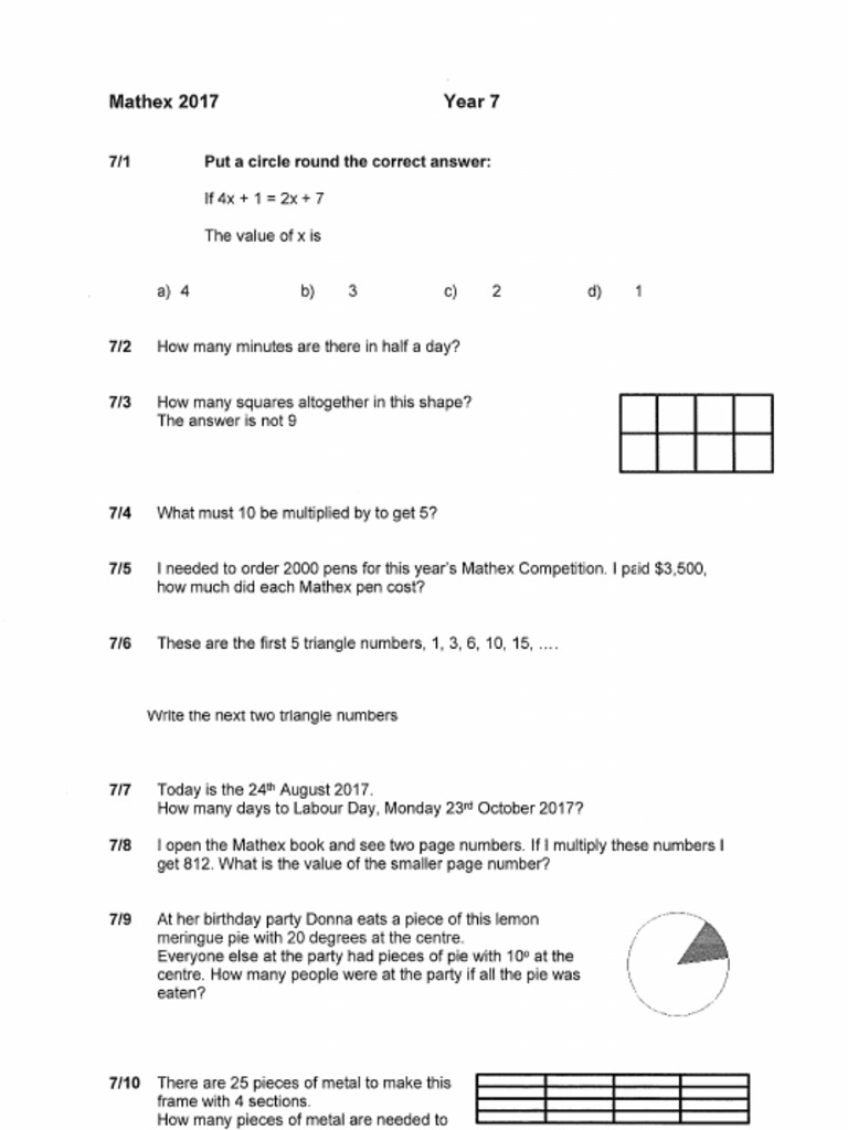 Year 7 Mathex Questions and Answers 2017 | PDF