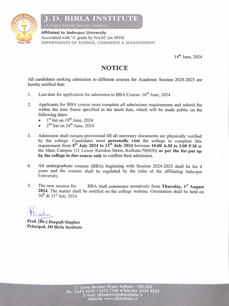 NOTICE (BBA Admission, Session 2024-2025) | PDF