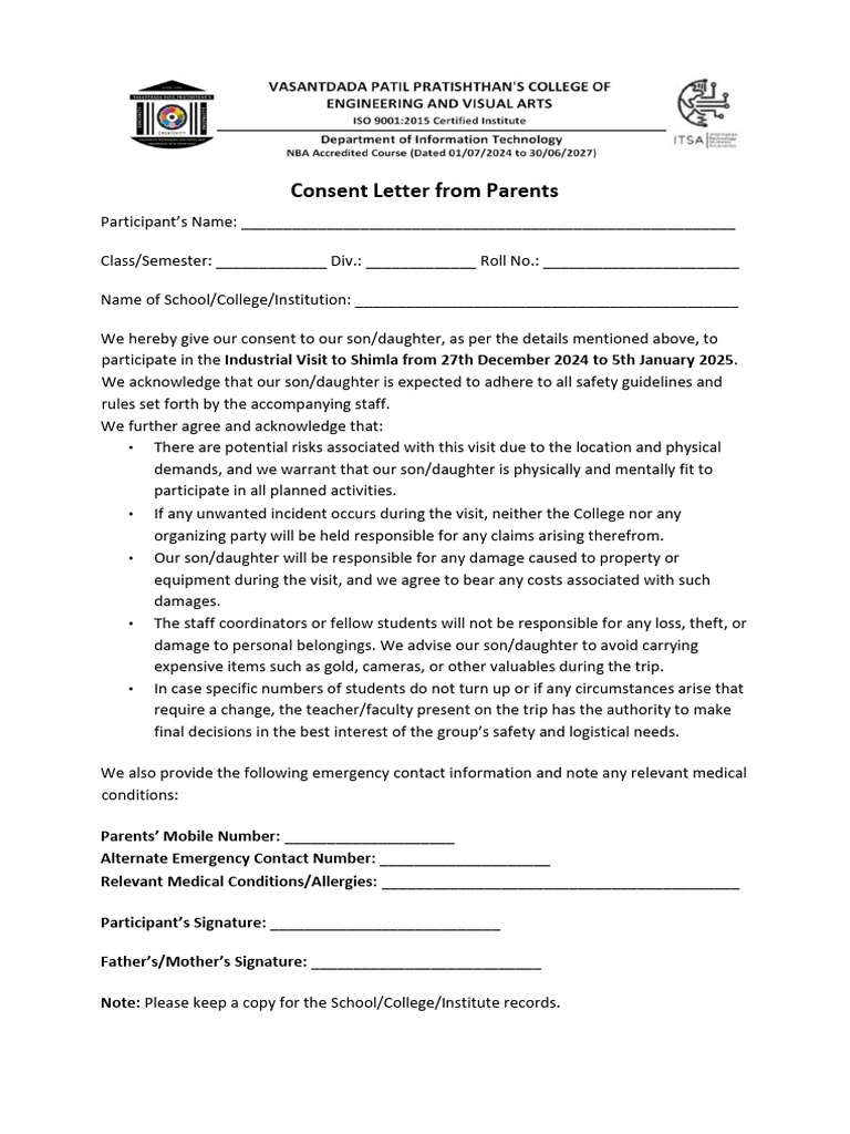 Consent Letter From Parents | PDF