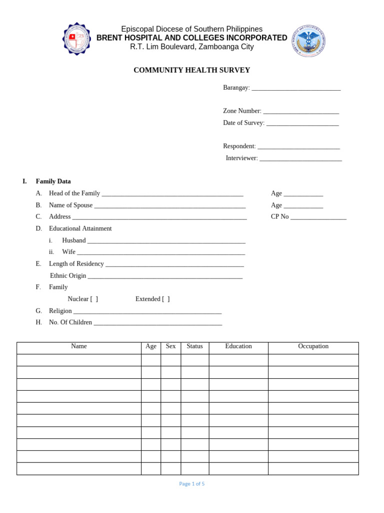 Community Health Survey Checklist | PDF | Sanitation | Health Care