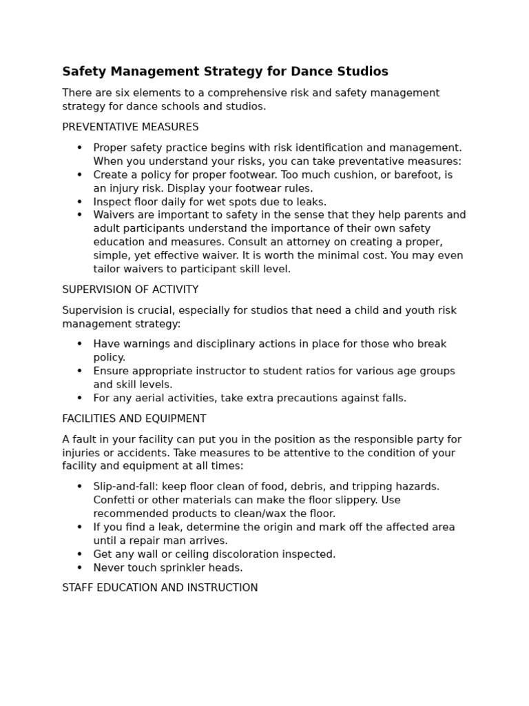 Safety Management Strategy For Dance Studios | PDF | Emergency | Risk
