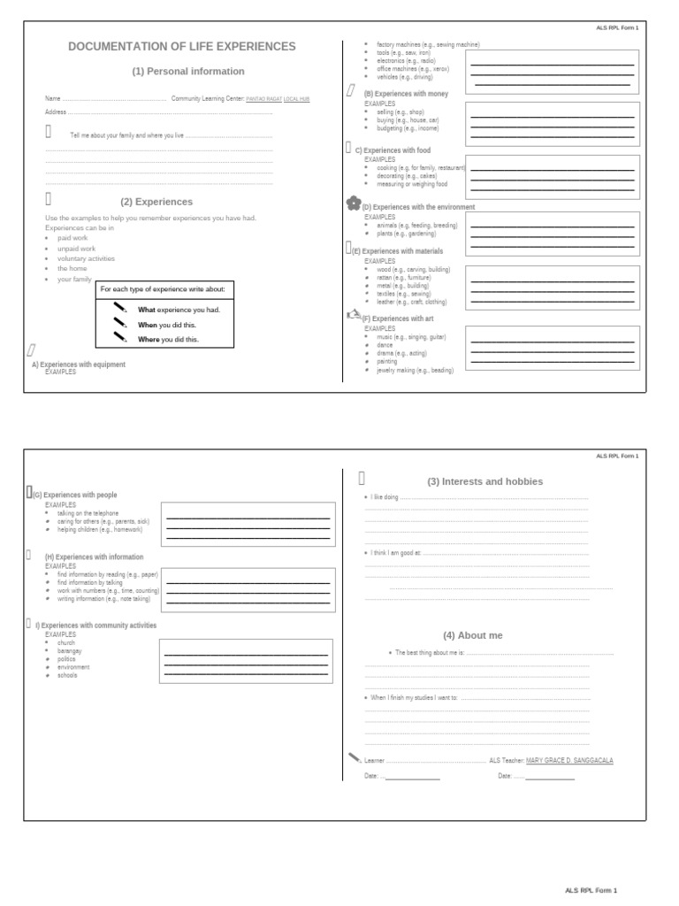RPL 1 Documentation of Life Experiences | PDF