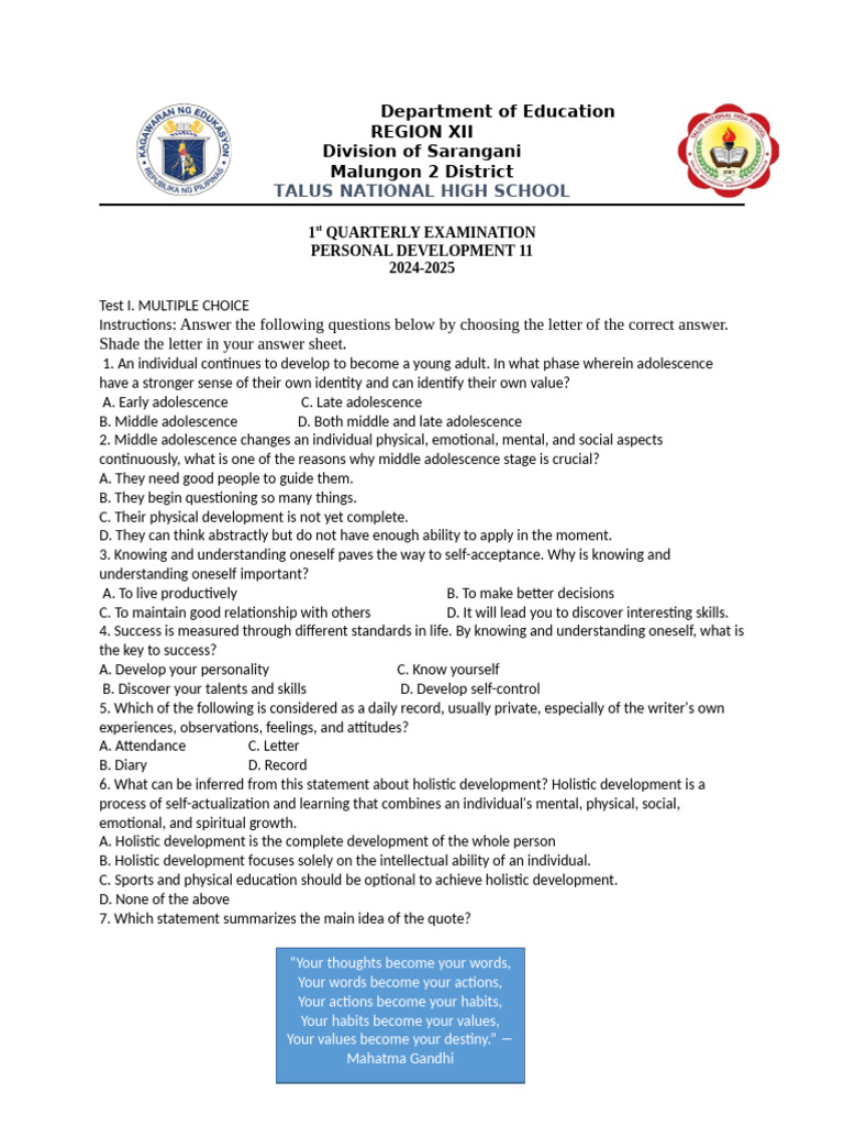 Perdev 11 First Quarter Examination | PDF | Adolescence | Stress (Biology)