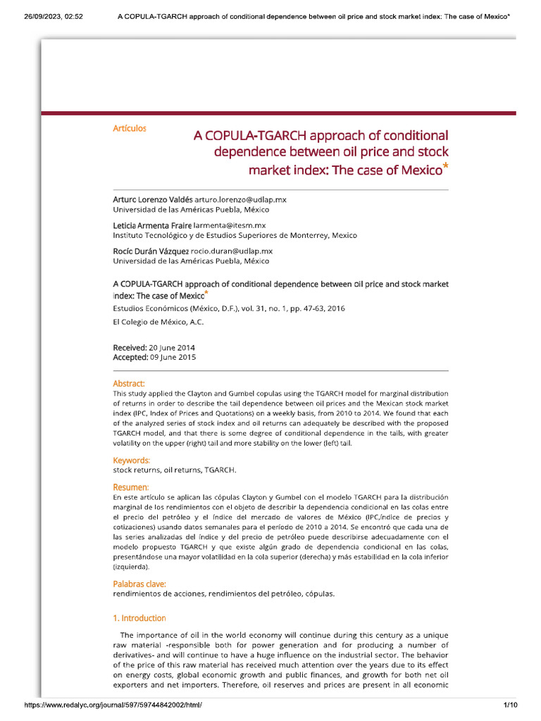 Copula and T-Garch Model - Mexico - Stocks and Oil Prices | PDF