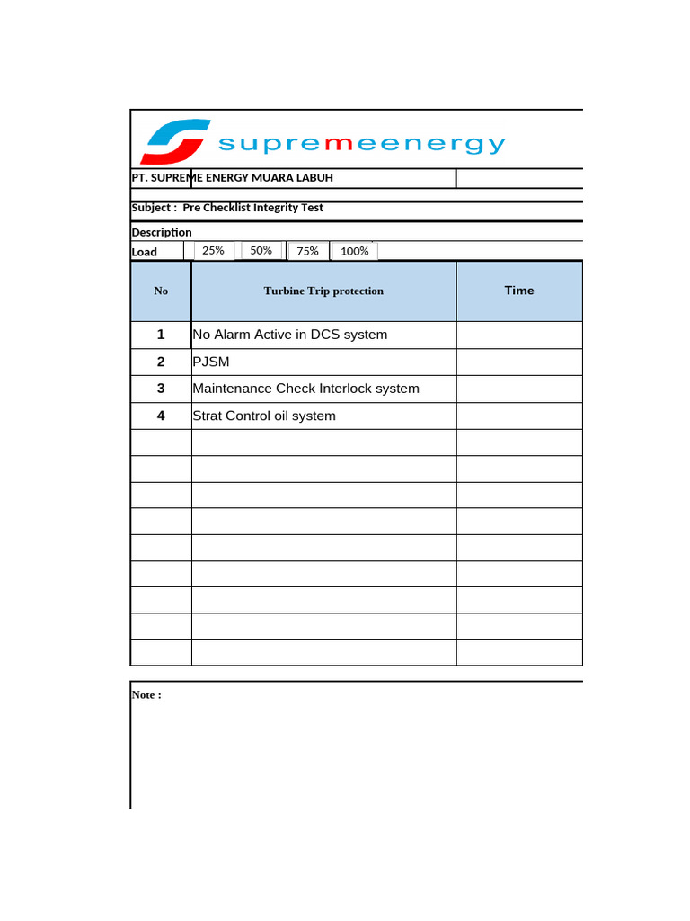 Turbine Integrity Test Checklist | PDF